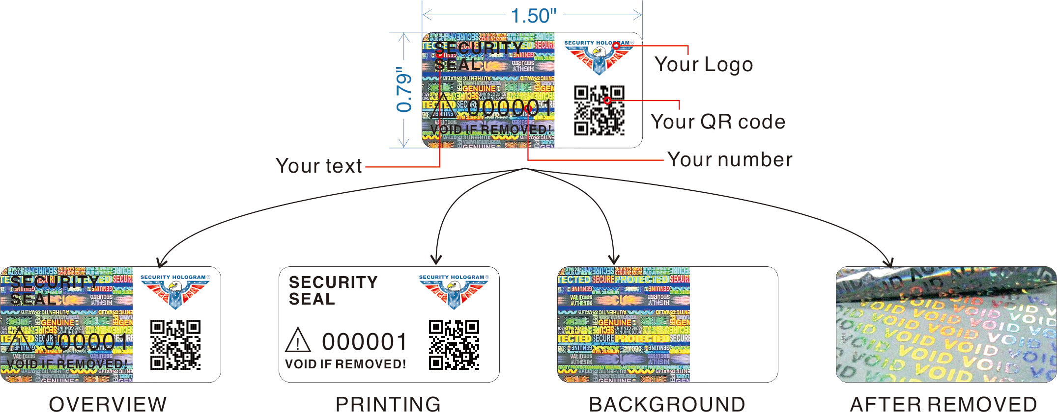 Square, 0.79“x1.5", Semi-Custom High Level Security Hologram Tamper Ev ...